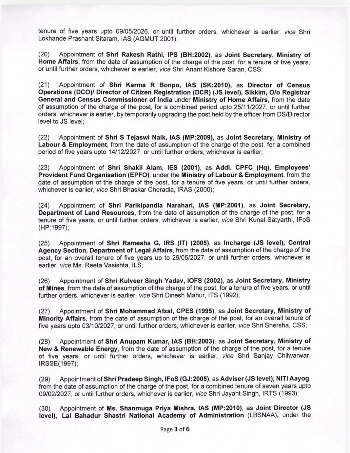ACC Transfers 48 Officers at Joint Secretary Level; Pankaj Kumar ...